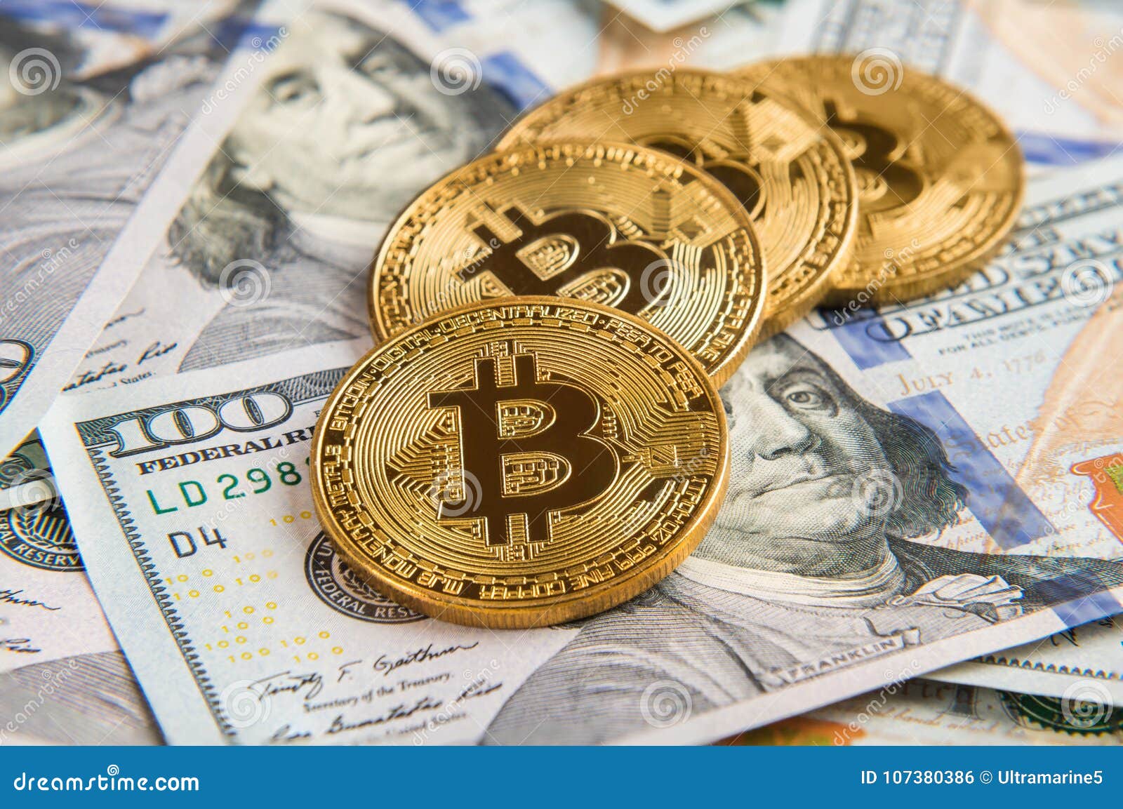 Stack of Bitcoins on Dollar Banknote Stock Photo - Image of trade, heap ...