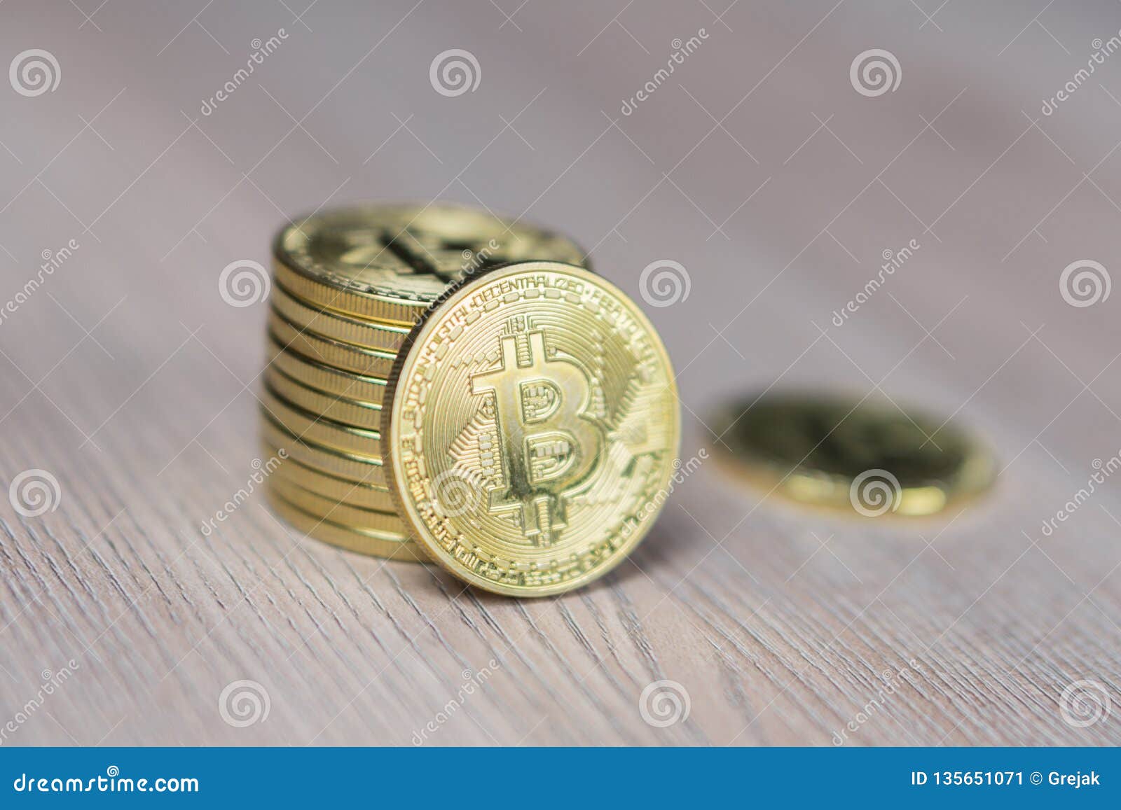 Stack of Bitcoins with a Single Coin Facing the Camera in Sharp Focus ...