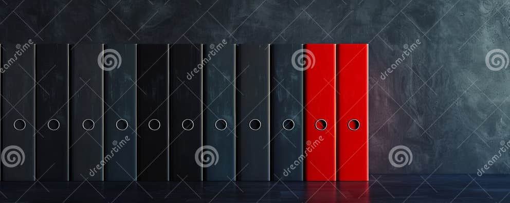 Stack of Black and Red File Folders on Dark Background, Office ...