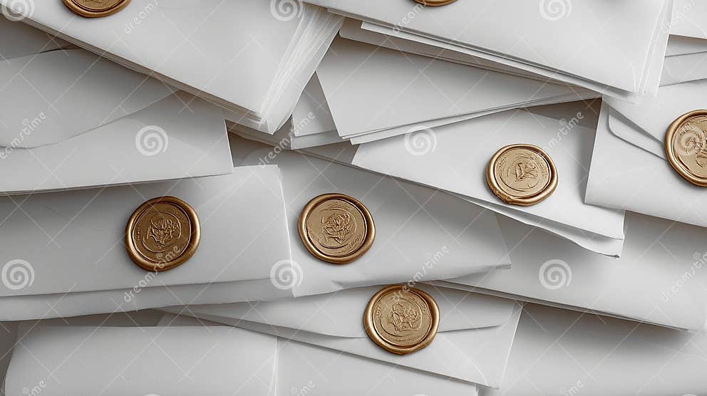 A Stack of Blank Envelopes with Elegant Wax Seals in Gold Stock Image ...