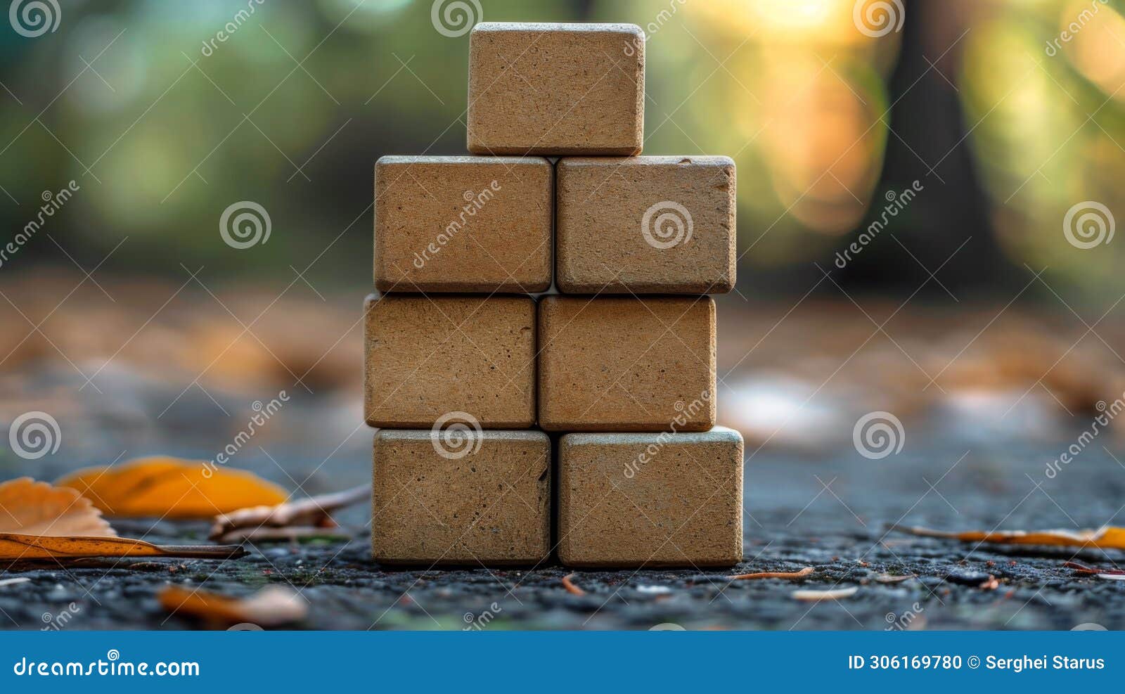A Stack of Blocks on the Ground with Leaves Around Them, AI Stock Photo ...