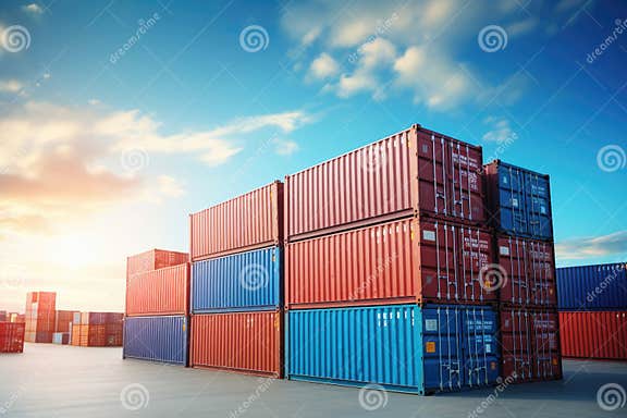 Stack of Blue Container Boxes with Sky Background. Cargo Freight ...