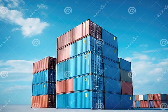Stack of Blue Container Boxes with Sky Background. Cargo Freight ...