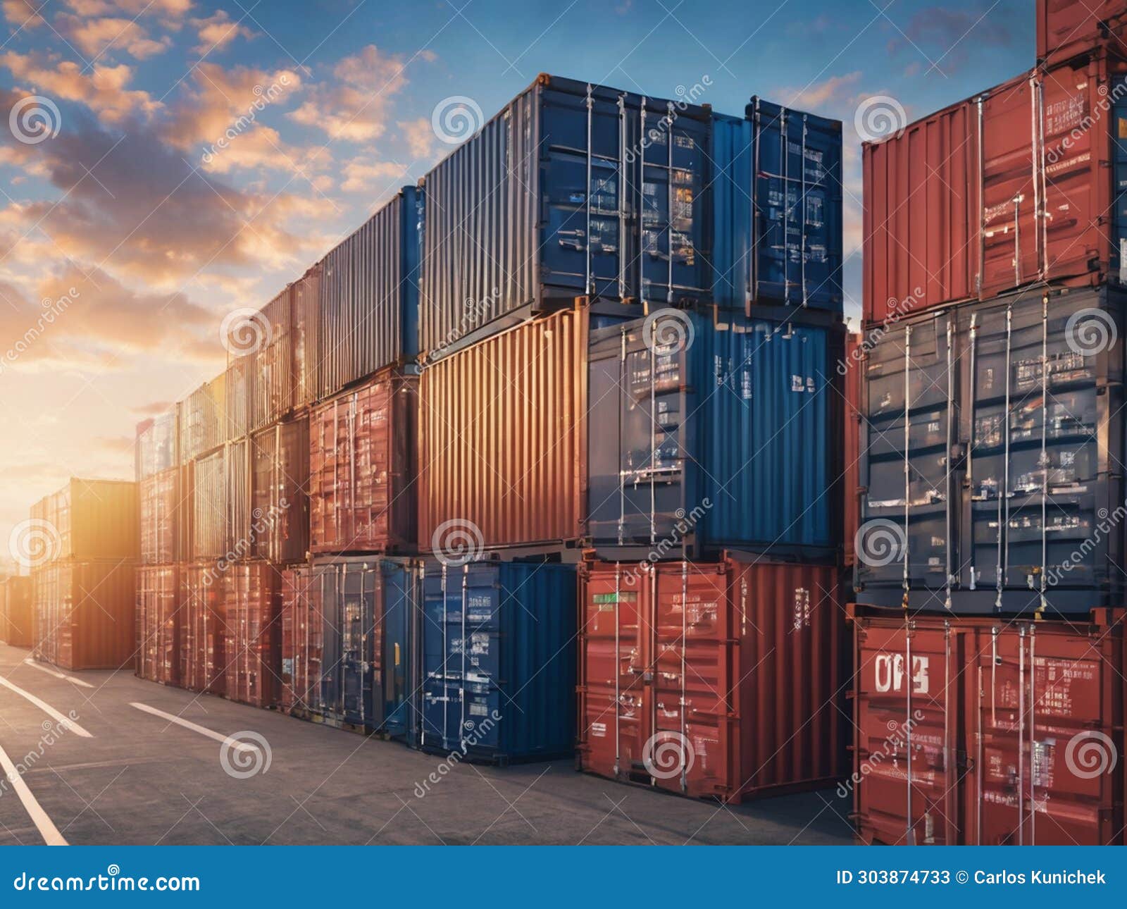 Stack of Blue Container Boxes with Sky Background. Cargo Freight ...