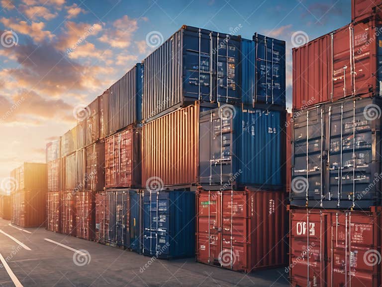Stack of Blue Container Boxes with Sky Background. Cargo Freight ...