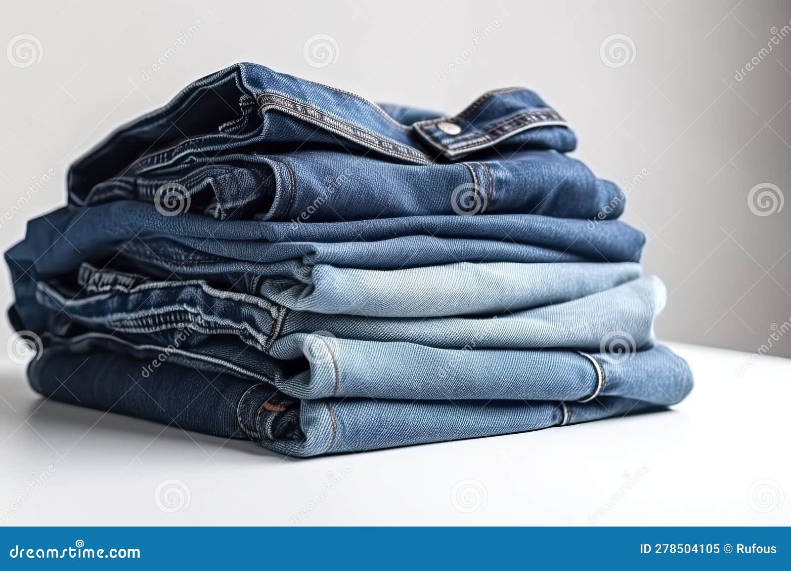 Stack of Blue Denim Clothes on White Background, Jeans and Jacket Stock ...