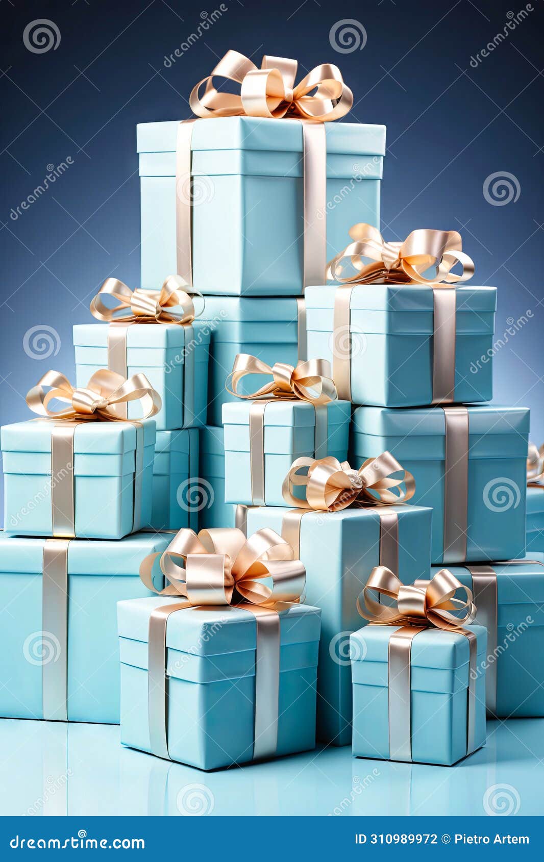 Stack of Blue Gift Boxes with Gold Bows Stock Photo - Image of festive ...