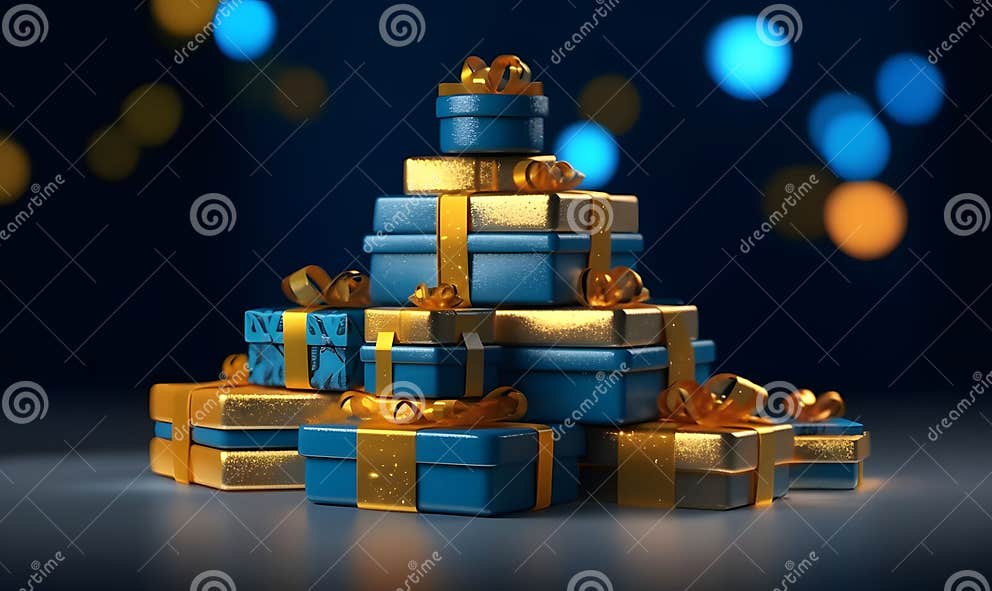 A Stack of Blue and Gold Gift Boxes. Gift Packages. Generative AI Stock ...