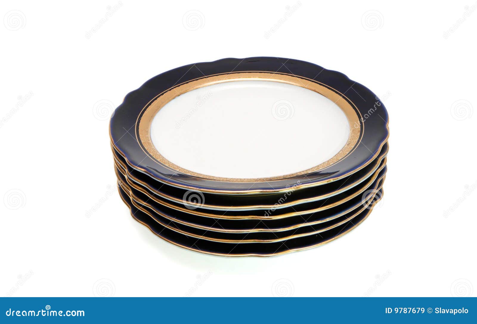Stack of Blue Plates with Golden Rim Stock Image - Image of table ...