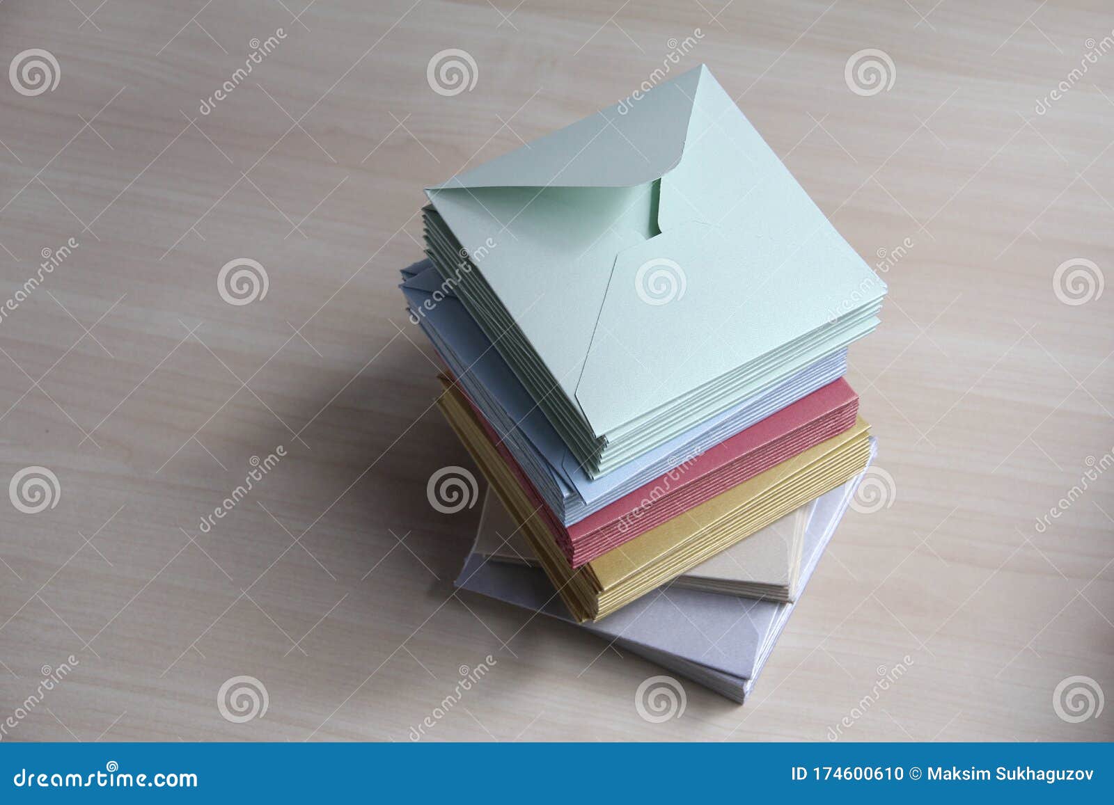 Stack of Colored Envelopes on the Table Stock Photo - Image of open ...
