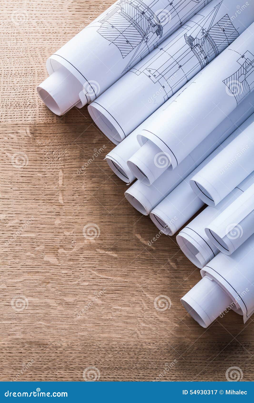 Stack of Blueprint Rolls on Wooden Oaken Board Stock Image - Image of ...