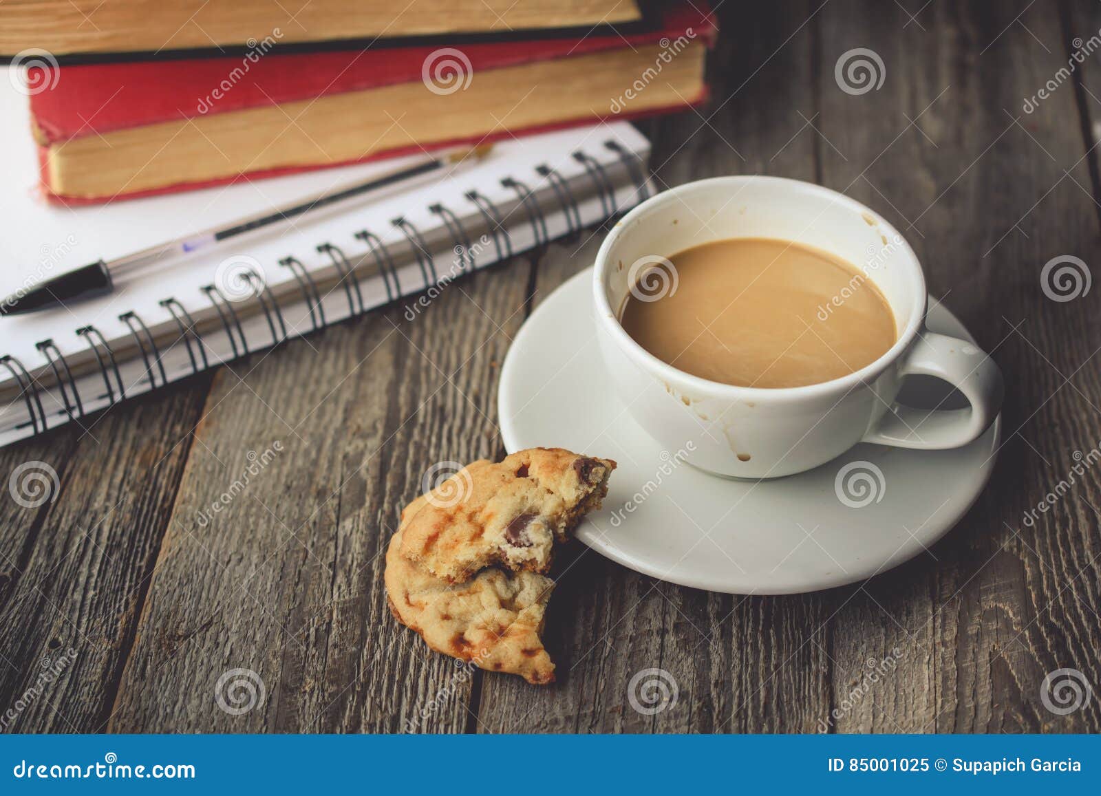 Stack of Book and Cookies with Hot Coffee on Dirty Cup on Wood B Stock ...