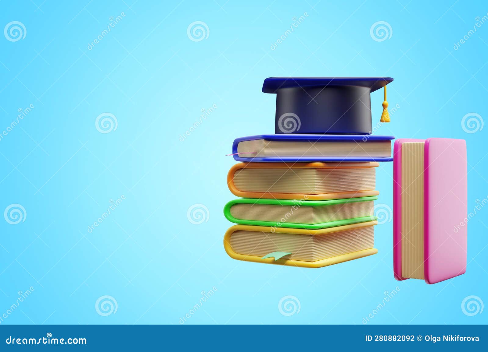 Stack of Books and Academic Cap Isolated on Blue Background. Stock ...