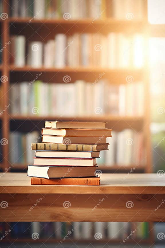 Stack of Books Against Library Background. Generative AI Stock Image ...