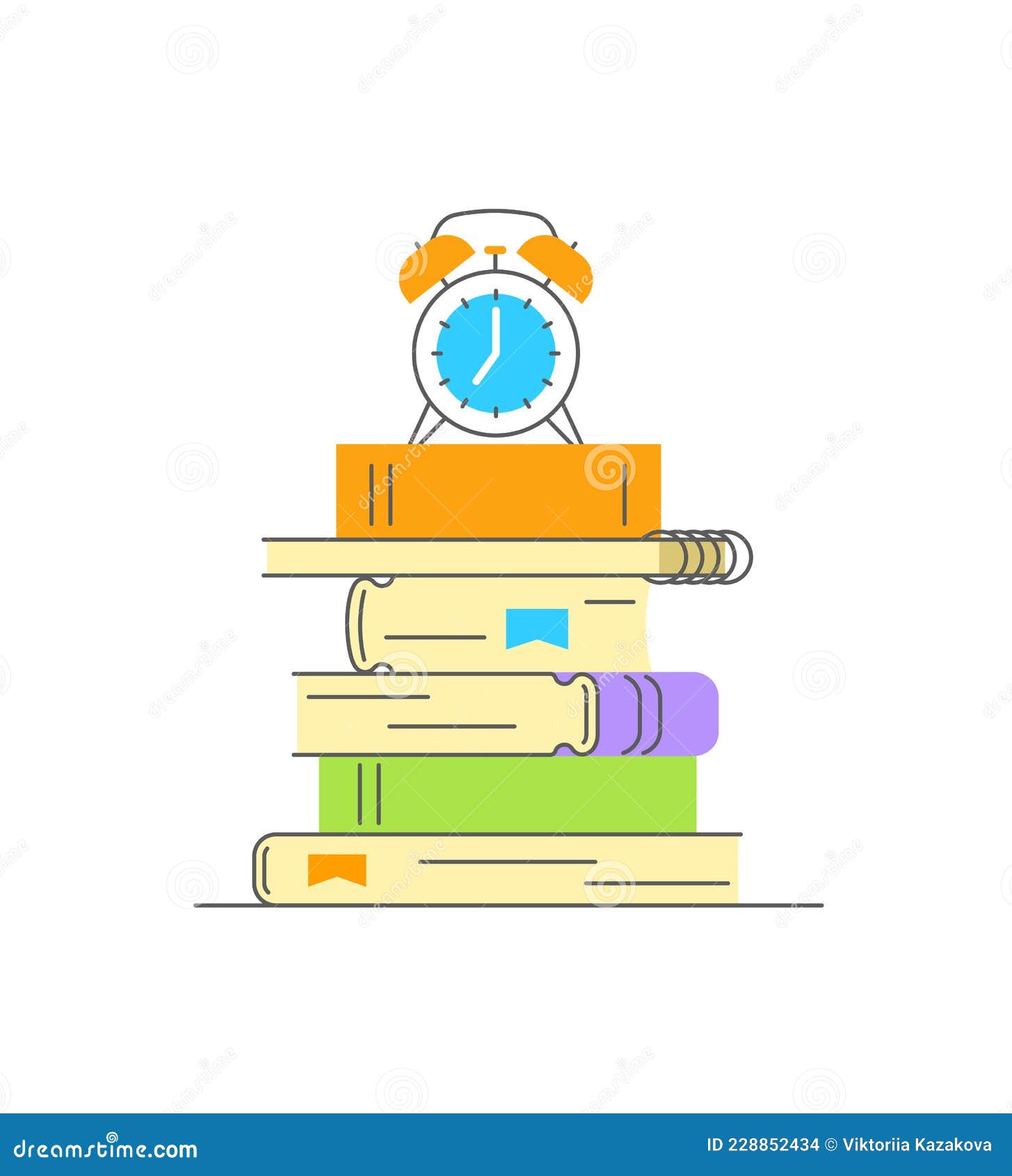 Stack of Books with Alarm Clock on Top Stock Vector - Illustration of ...