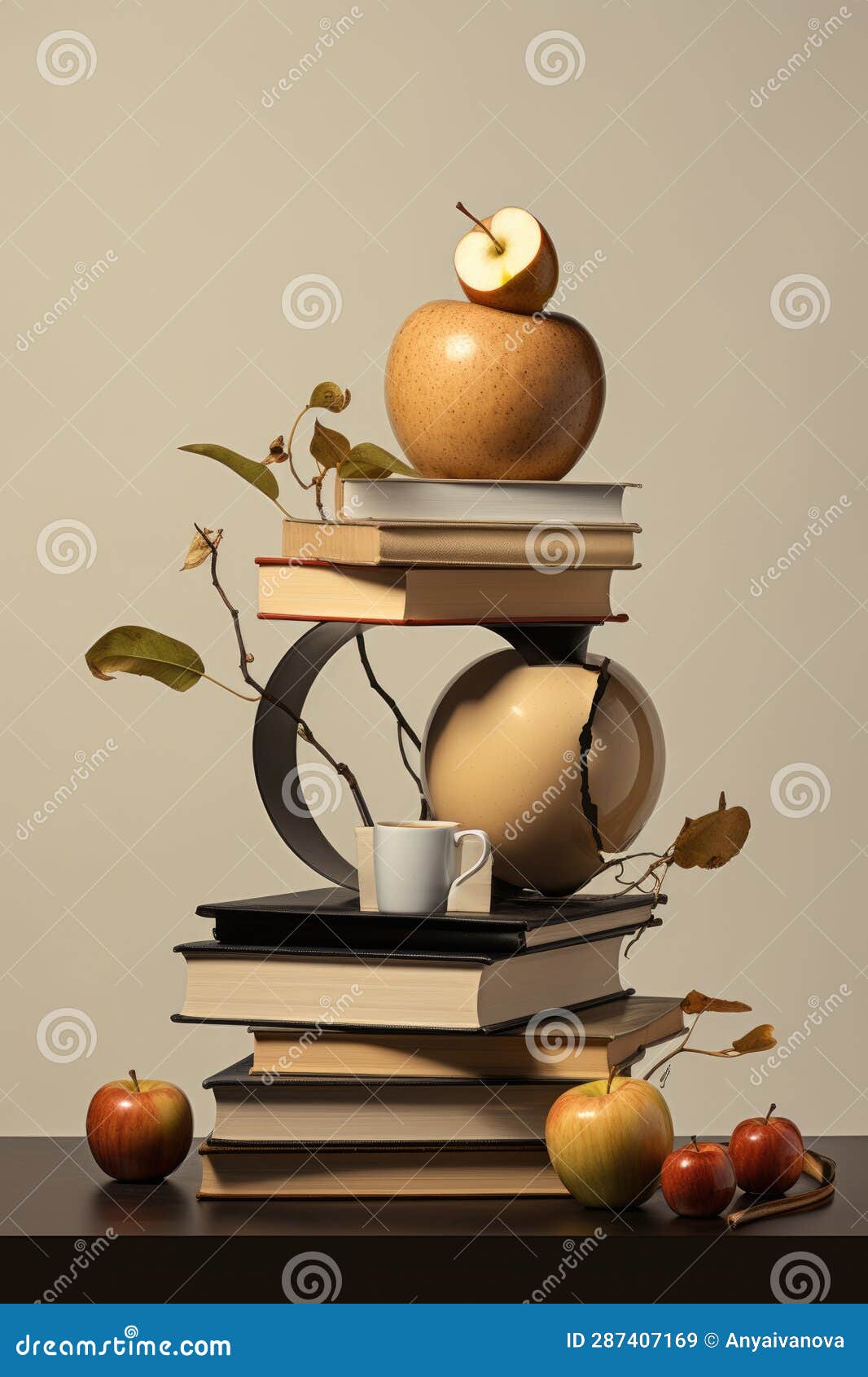 A Stack of Books with an Apple on Top. Surreal Still Life. Stock ...
