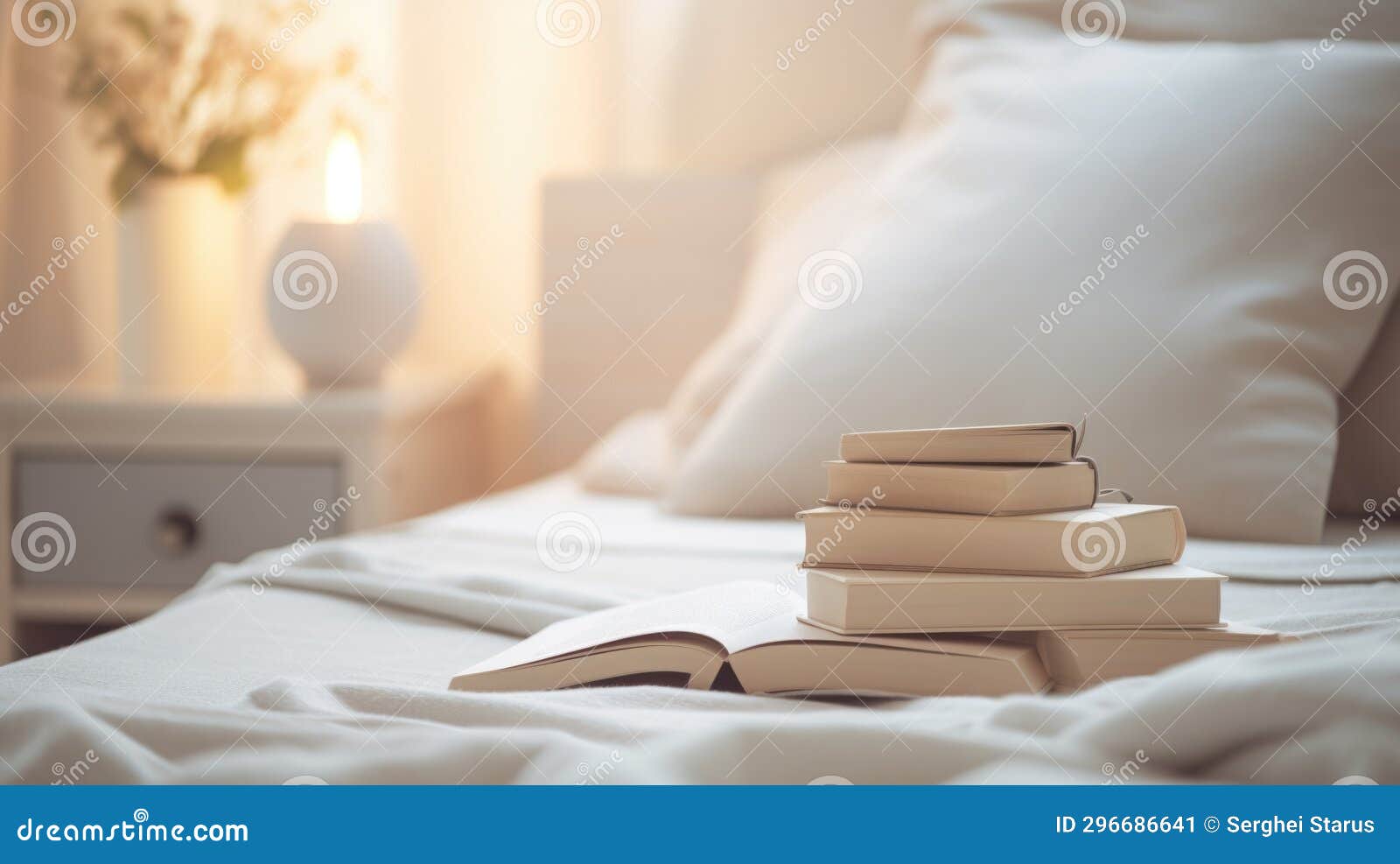 A Stack of Books on a Bed in Front of an Open Window, AI Stock Image ...