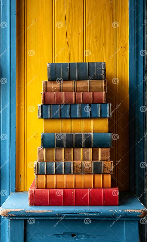 Stack of Books on Blue Shelf. a Stack of Books Sits on a Blue Shelf in ...