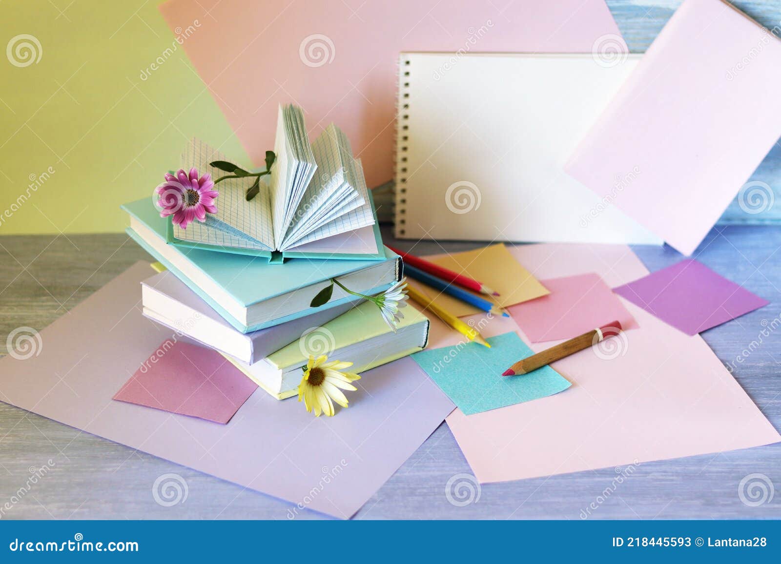 Stack of Books with Bookmarks of Flowers, Colorful Paper on the Table ...
