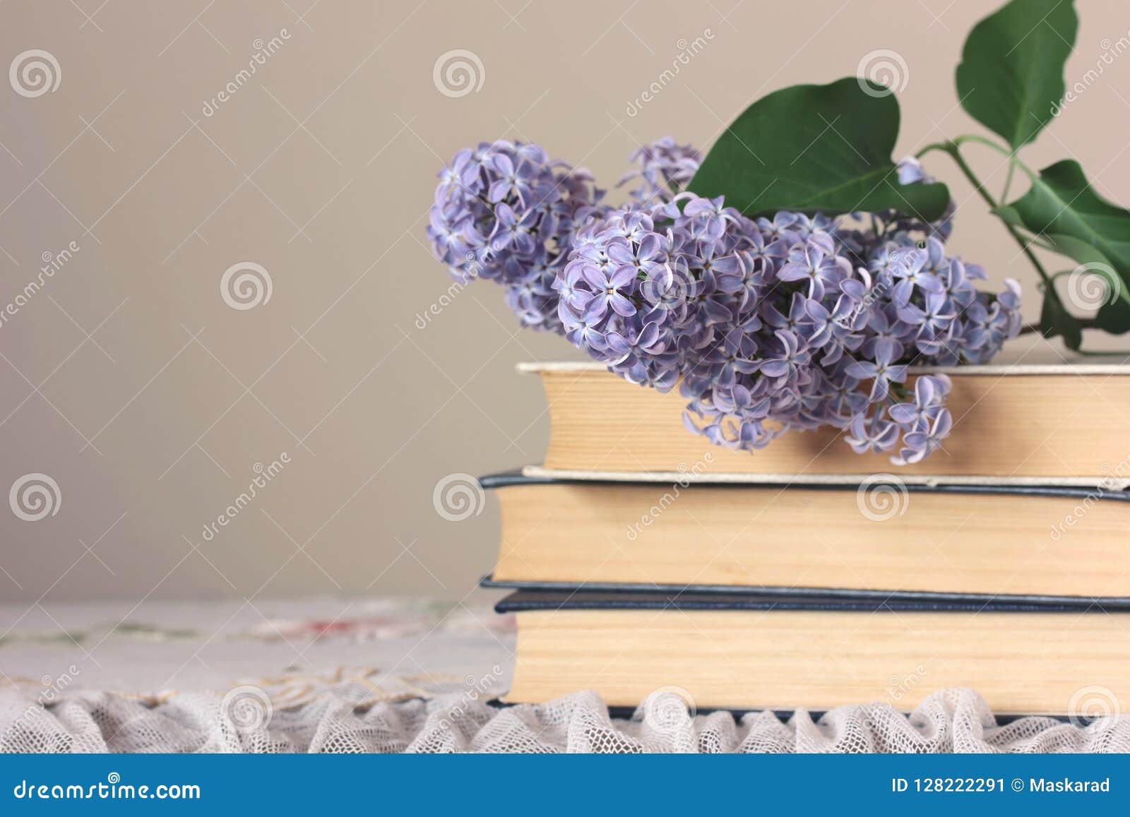 Stack of Books and a Branch of Blooming Lilac on the Table Stock Image ...