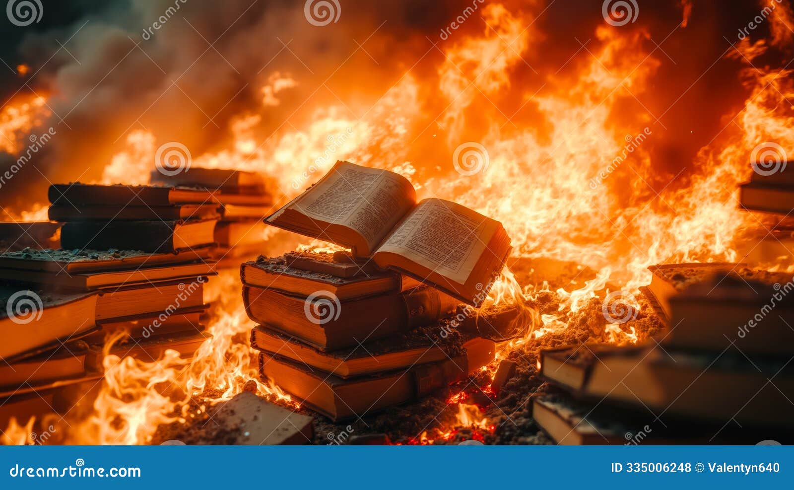 A Pile of Books Sitting on Top of a Pile of Fire Stock Photo - Image of ...