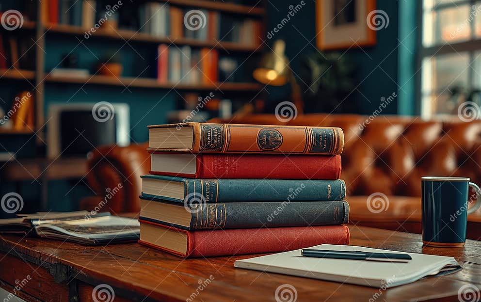 Stack of Books on a Coffee Table with a Pen Notebook in a Cozy Reading ...