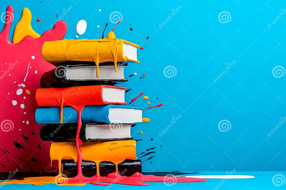 A Stack of Books with Colorful Paint Splattered on Them Stock ...