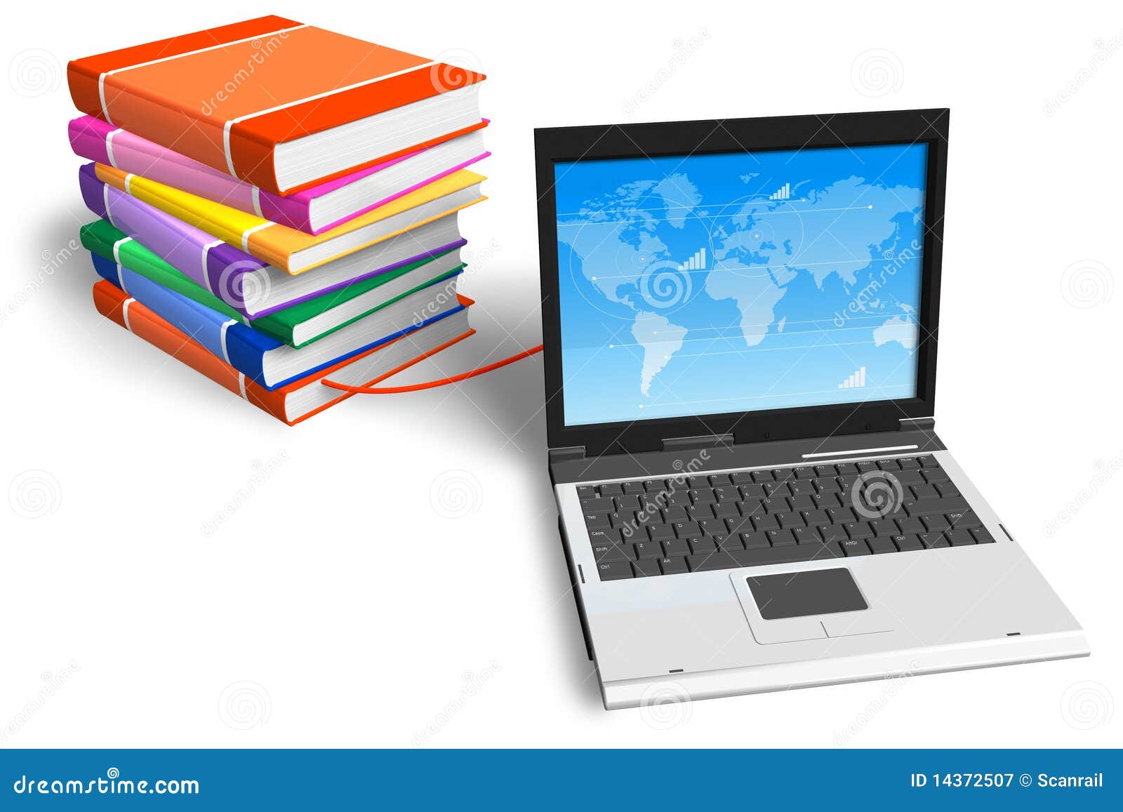 Stack of Books Connected To Laptop Stock Illustration - Illustration of ...