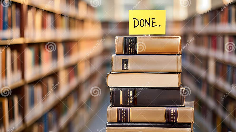 Stack of Books with a Done Sticky Note in a Library Stock Photo - Image ...