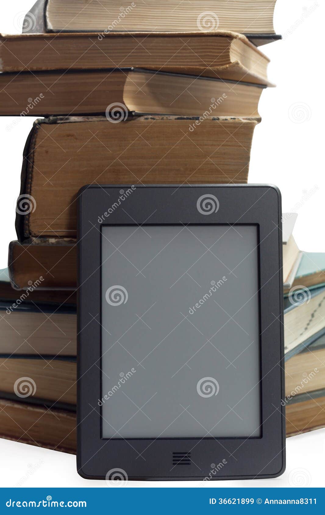 STACK of BOOKS and ELECTRONIC BOOK READER. Stock Image - Image of heap ...