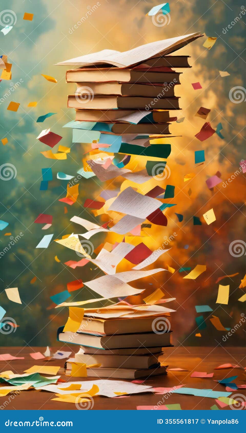 Stack of Books with Flying Pages and Colorful Confetti in a Vibrant ...
