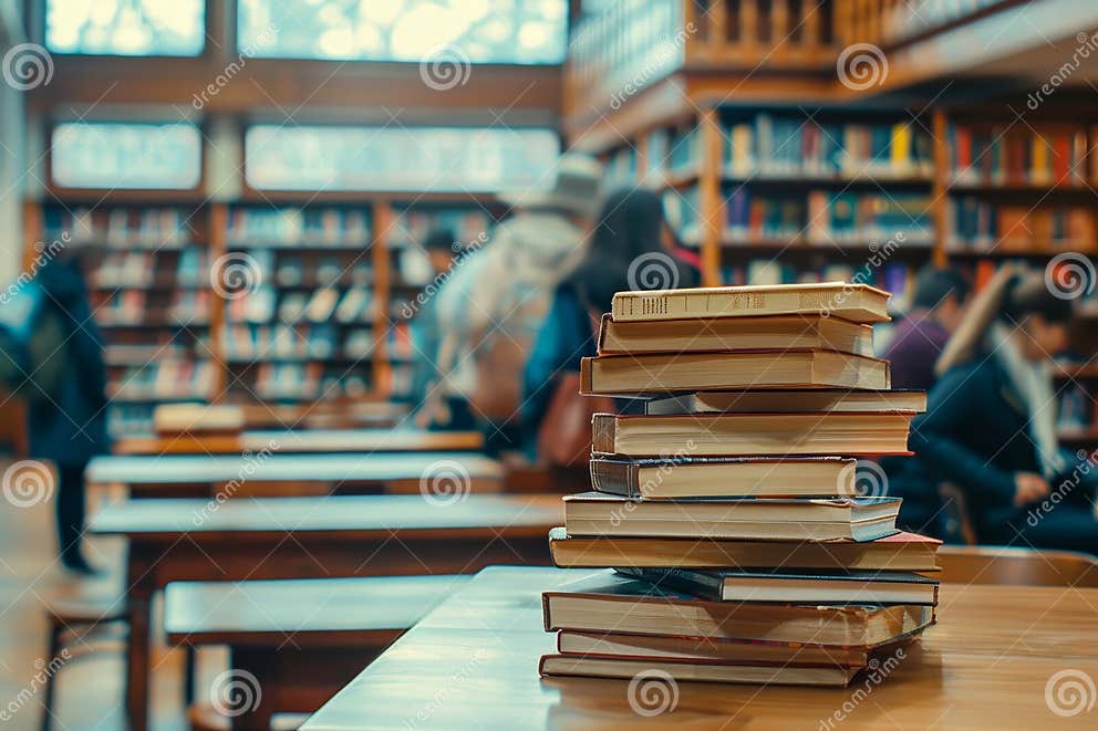 Stack of Books in Foreground with Students Studying in the Blurred ...
