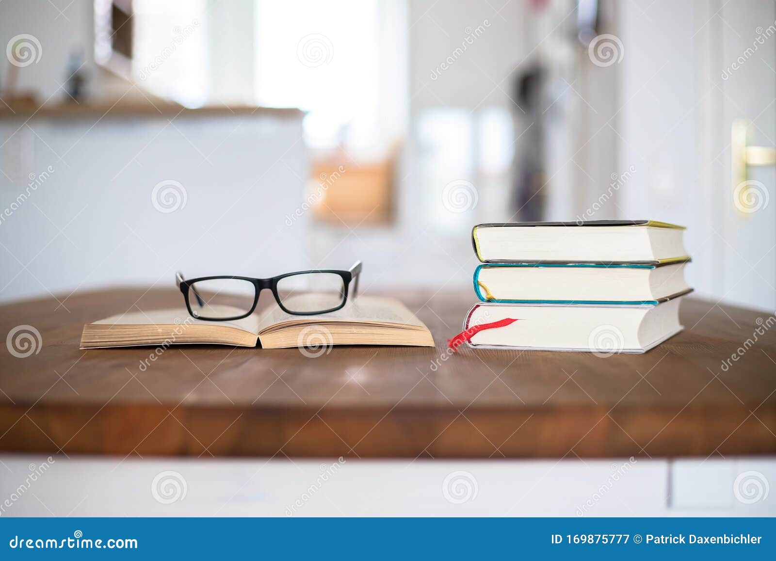 Knowledge and Science Concept: Stack of Books and Glasses Lying on ...