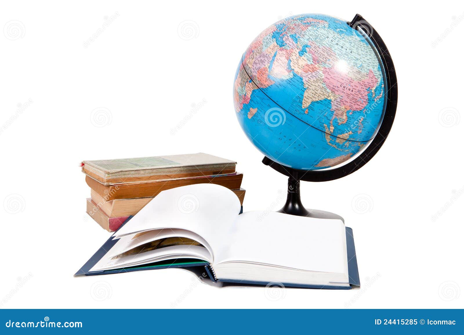 Stack of Books and Globe with One Book Open Stock Image - Image of ...