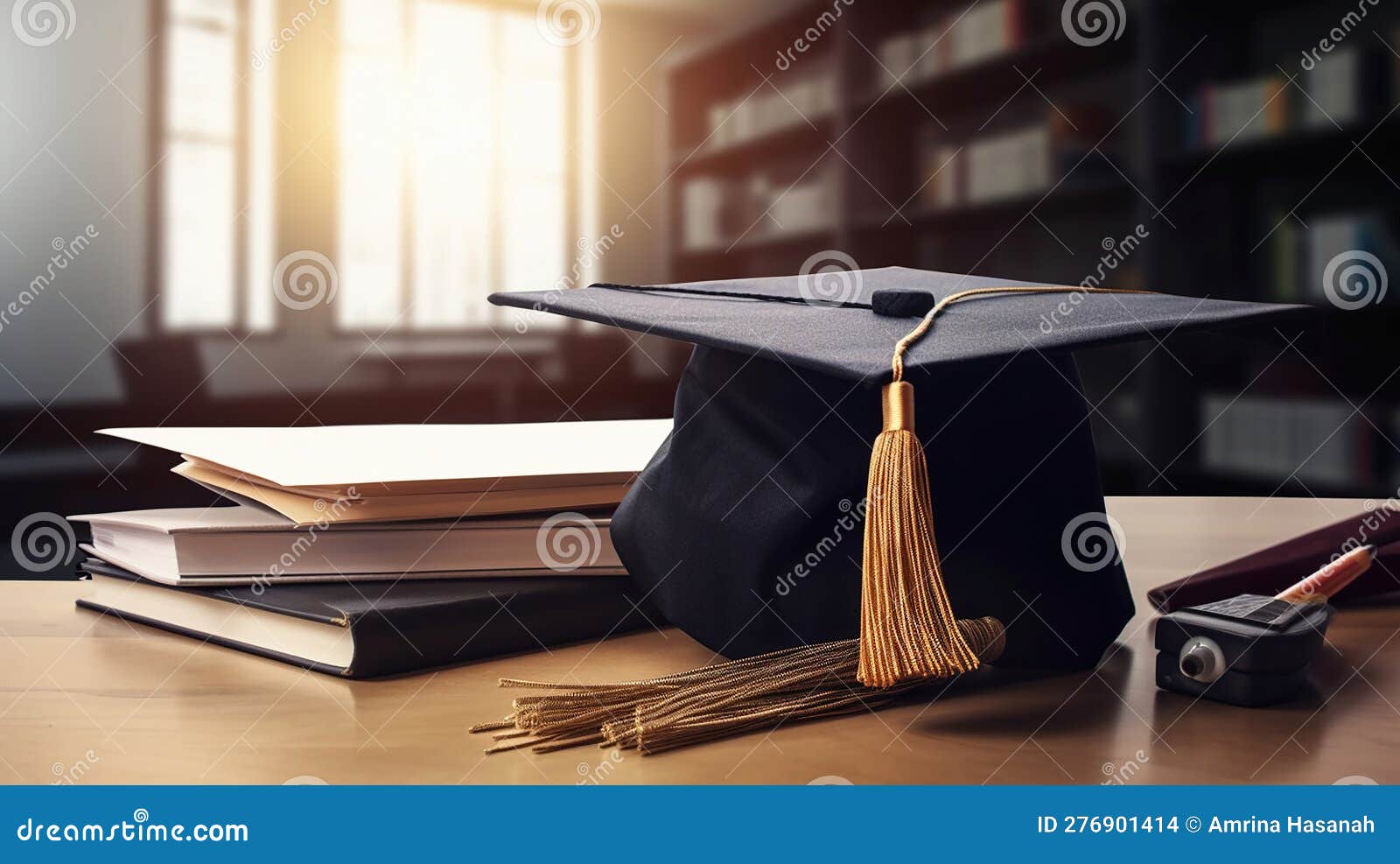 Stack of Books, Graduate Cap, Diploma and Fether Pen on the School Desk ...