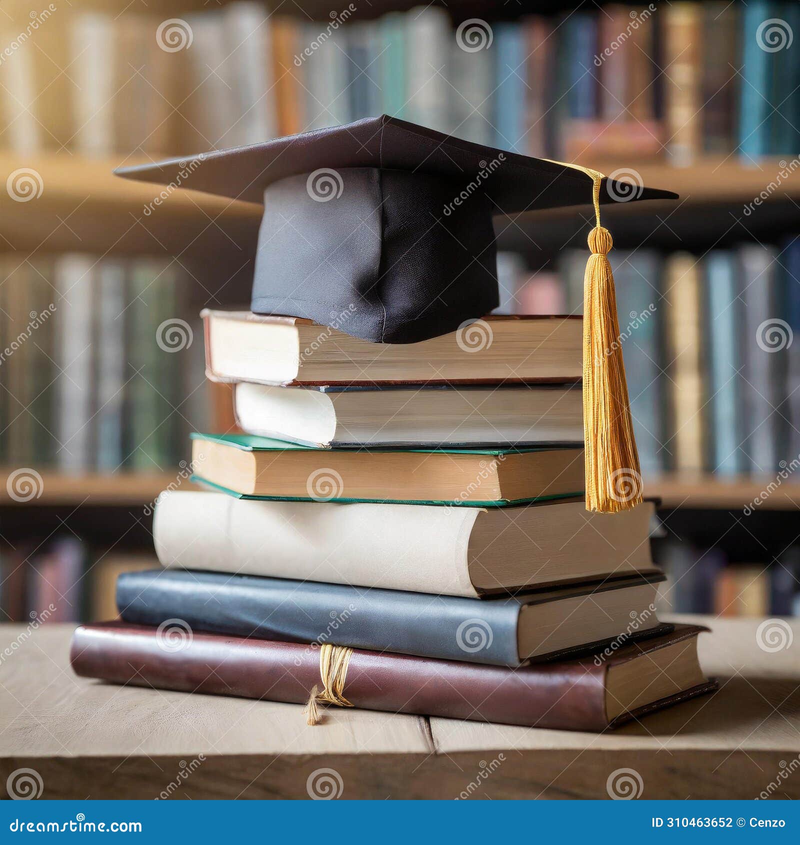 A Stack of Books with a Graduation Cap on Top, a Shelf of Books in the ...
