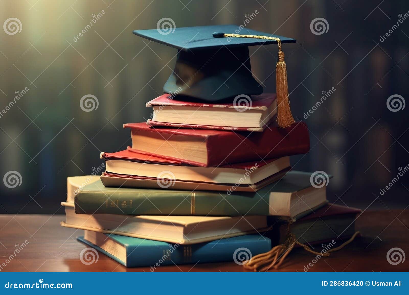 Stack of Books with Graduation Cap Under Spotlight. AI Stock ...