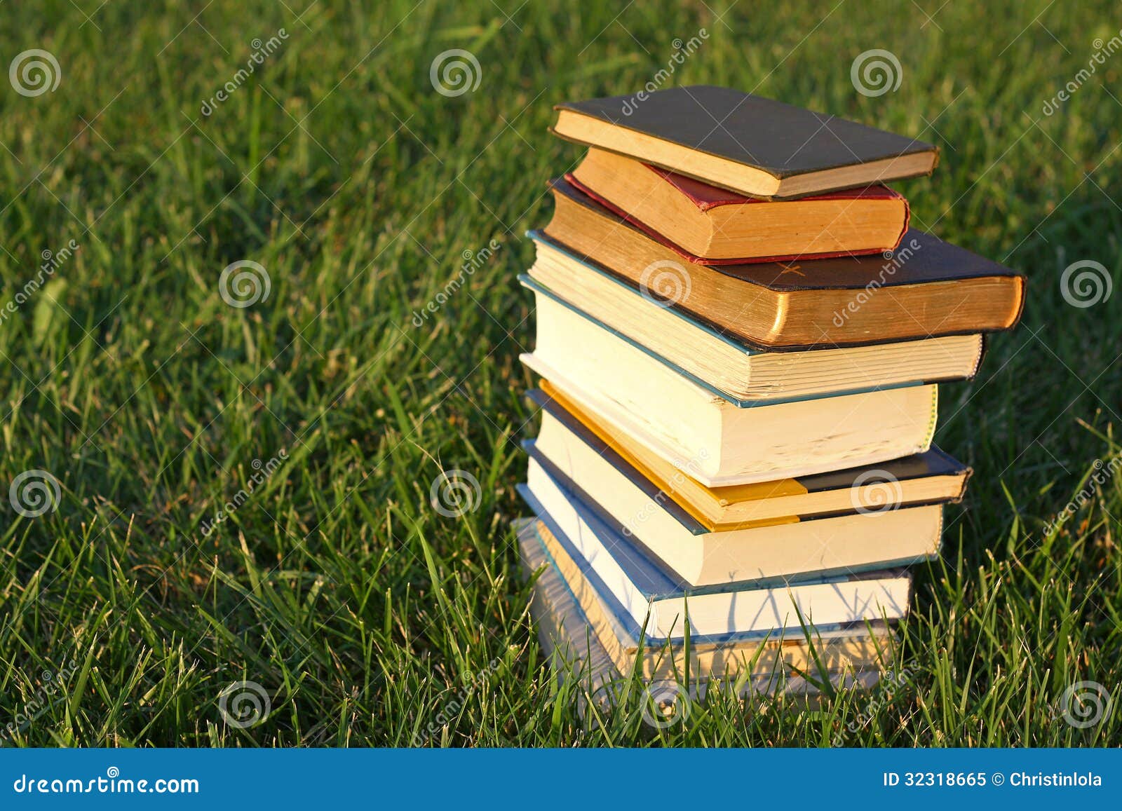 Stack of Books in the Grass Stock Image - Image of learning, library ...