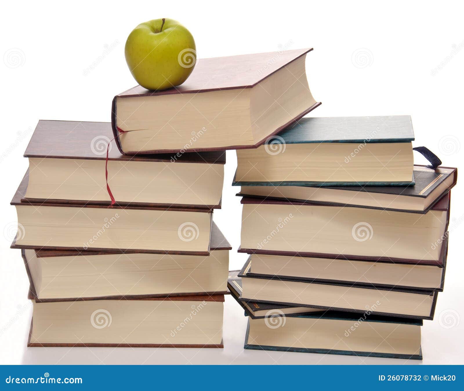 Stack of Books with Green Apple on Top Stock Photo - Image of back ...