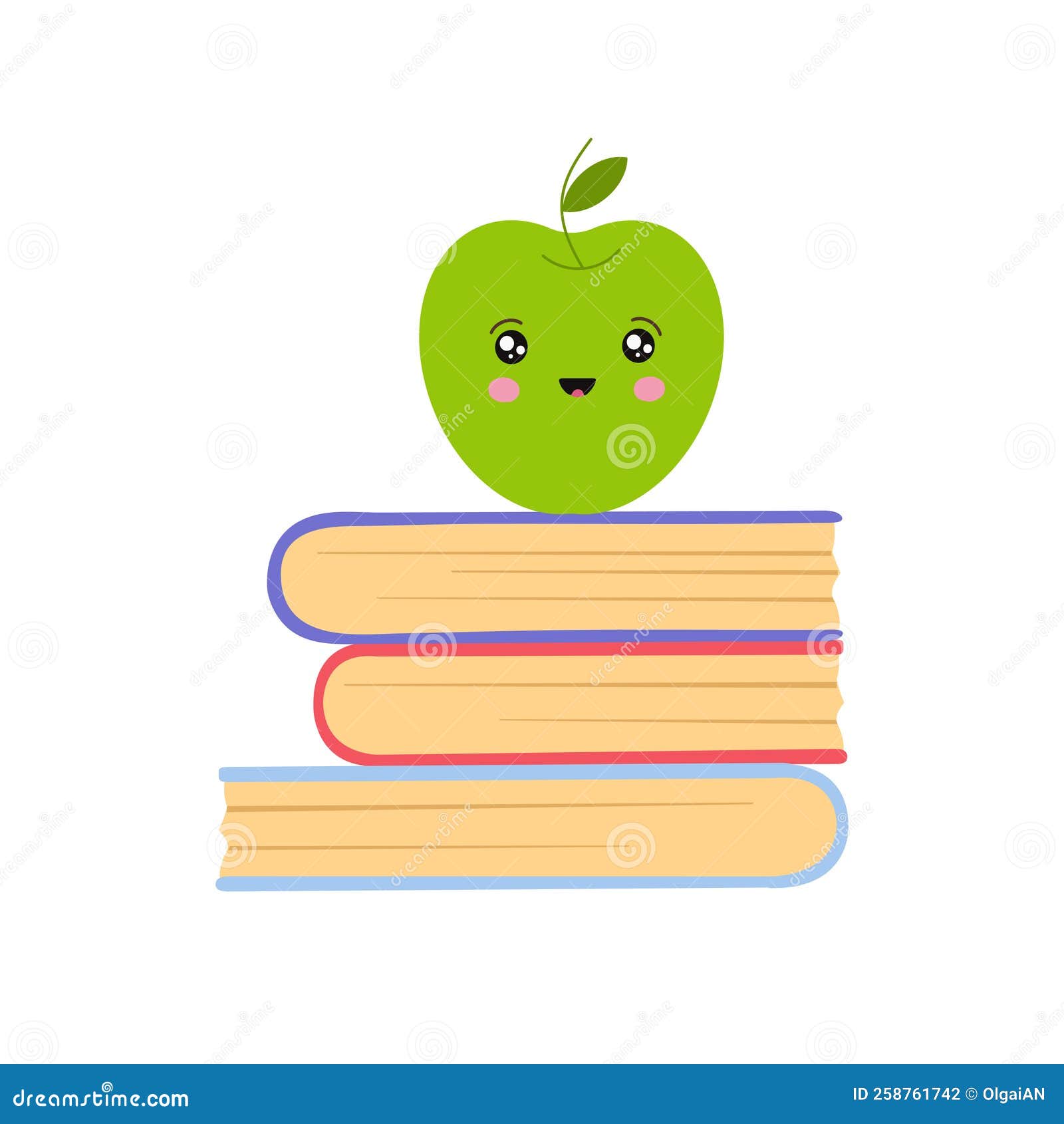 Stack Of Books With Green Apple Vector Illustration Isolated On White Background Stock Vector