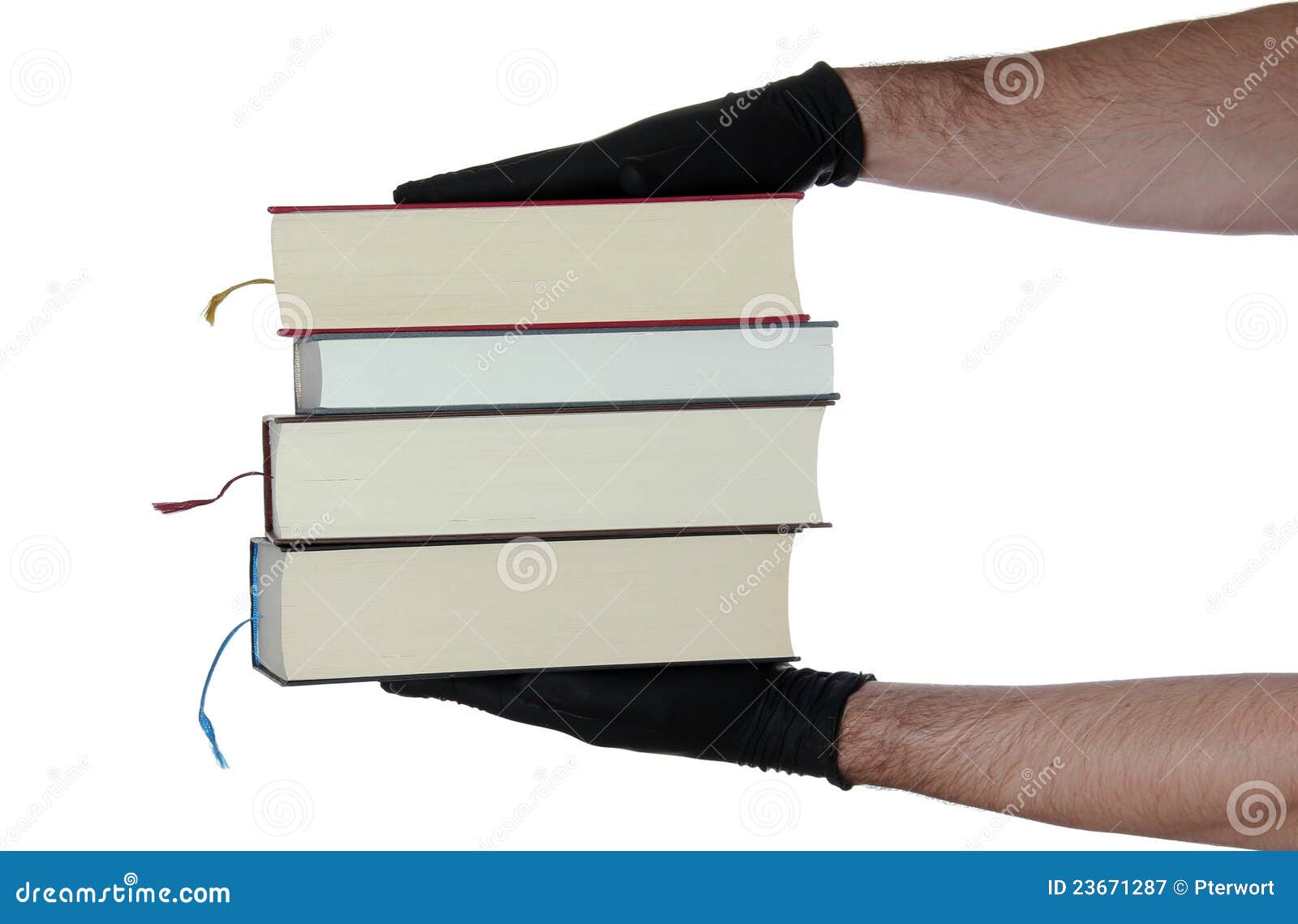 Stack of Books in Hands with Black Gloves Stock Image - Image of ...