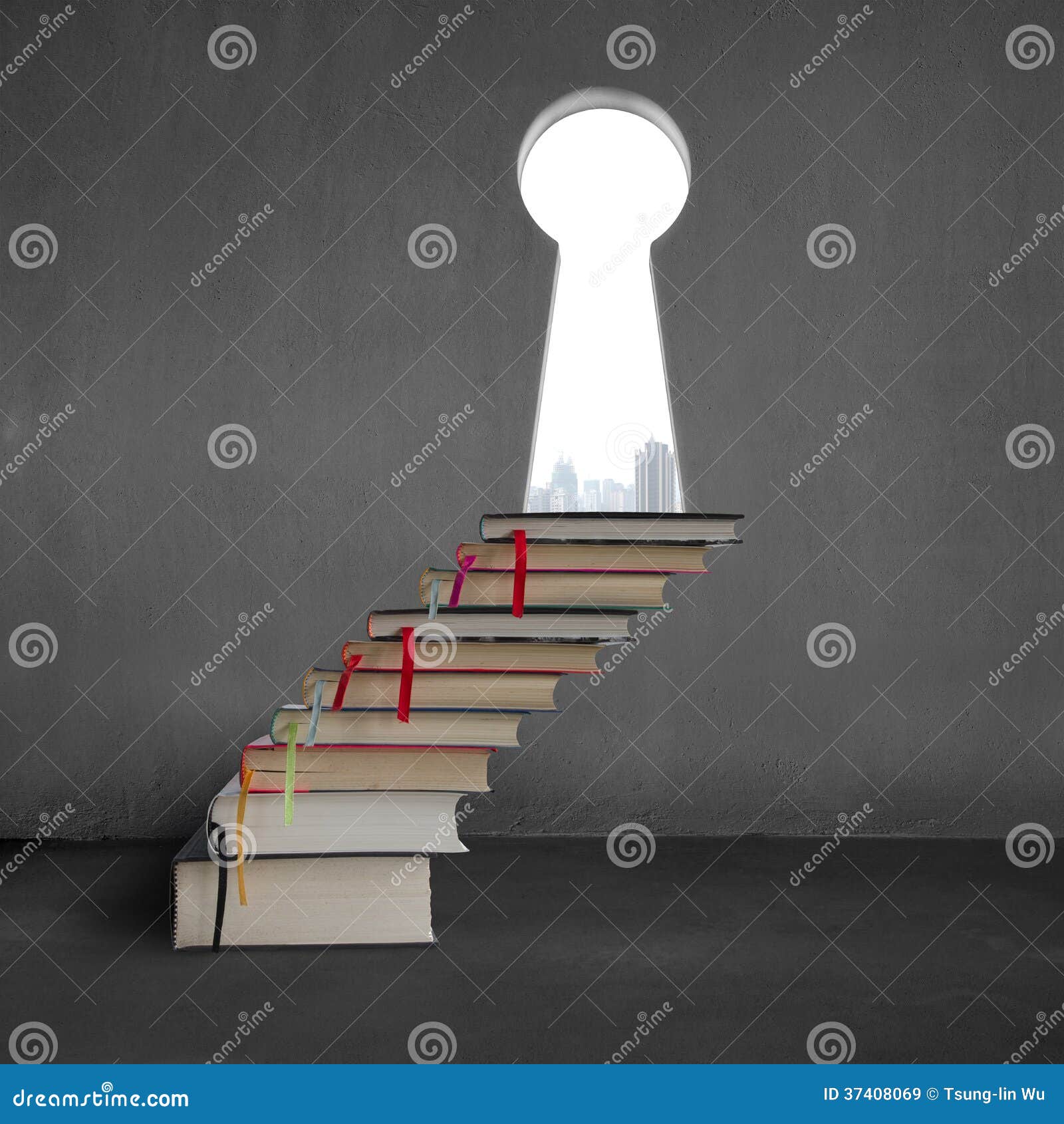 Stack of Books with Key Shape Door and City View Stock Illustration ...