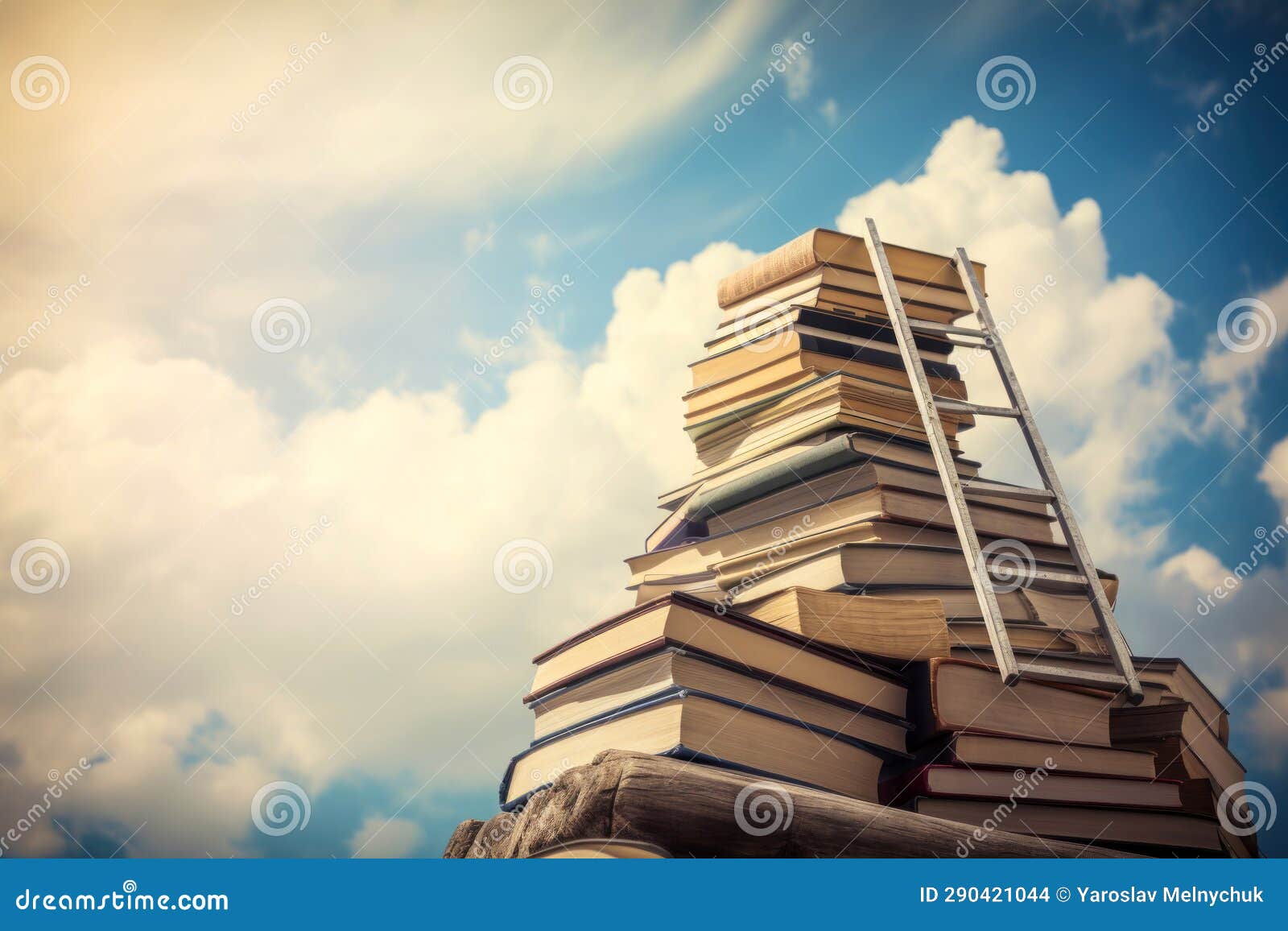 Stack of Books with Ladder Against the Background of Sky and Clouds ...