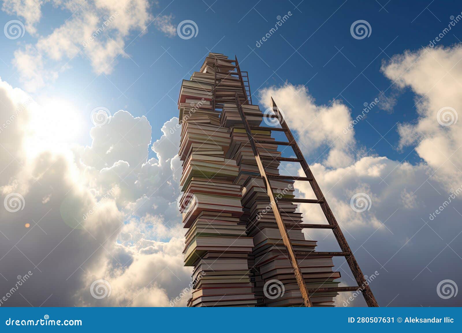 Stack of Books and Ladder Climbing Towards the Sky. Knowlage and ...