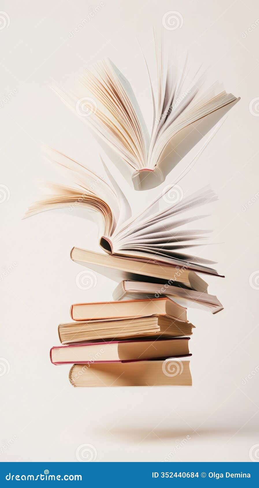 Stack of Books Levitating with Open Books on White Background Stock ...
