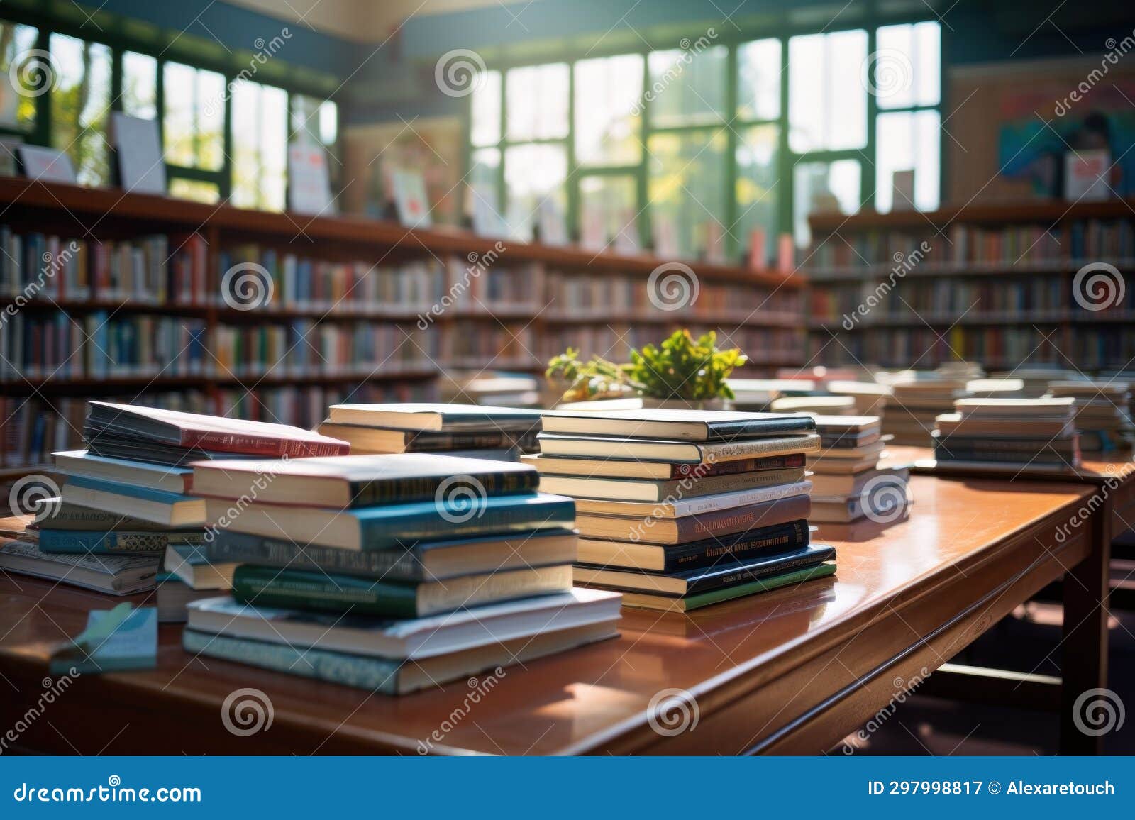 Stack of Books in the Library and Blur Bookshelf Background Stock Image ...