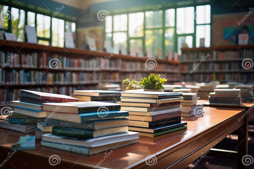 Stack of Books in the Library and Blur Bookshelf Background Stock Image ...