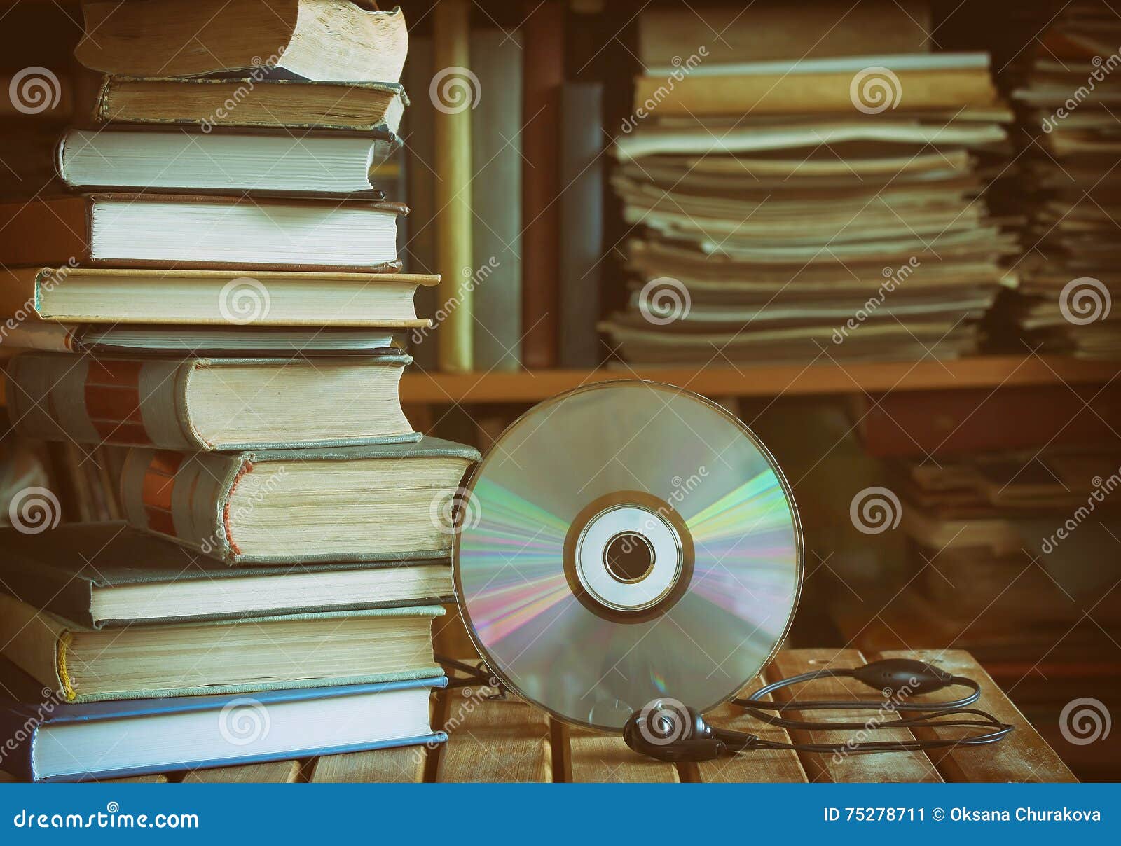 Stack of Books, Library, Cd, Headphones Stock Image - Image of library ...