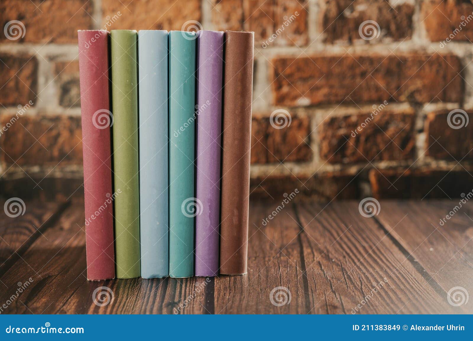 Stack of Books in the Library Room Lay on the Wood Table with Brick ...