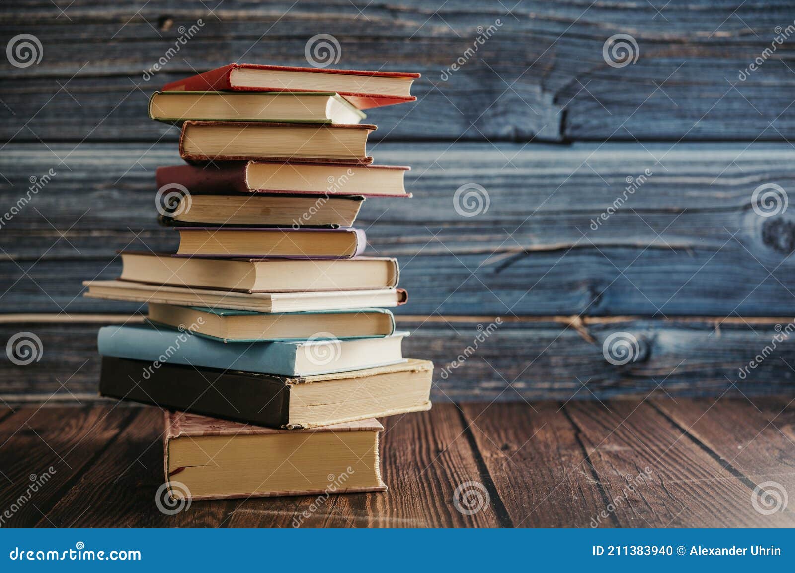 Stack of Books in the Library Room Lay on the Wood Table with Brick ...